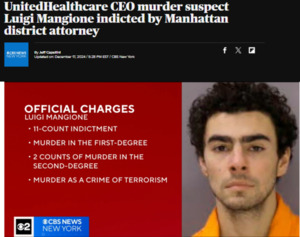루이지 맨지오니, 보험사 CEO 살해 혐의로 뉴욕서 기소